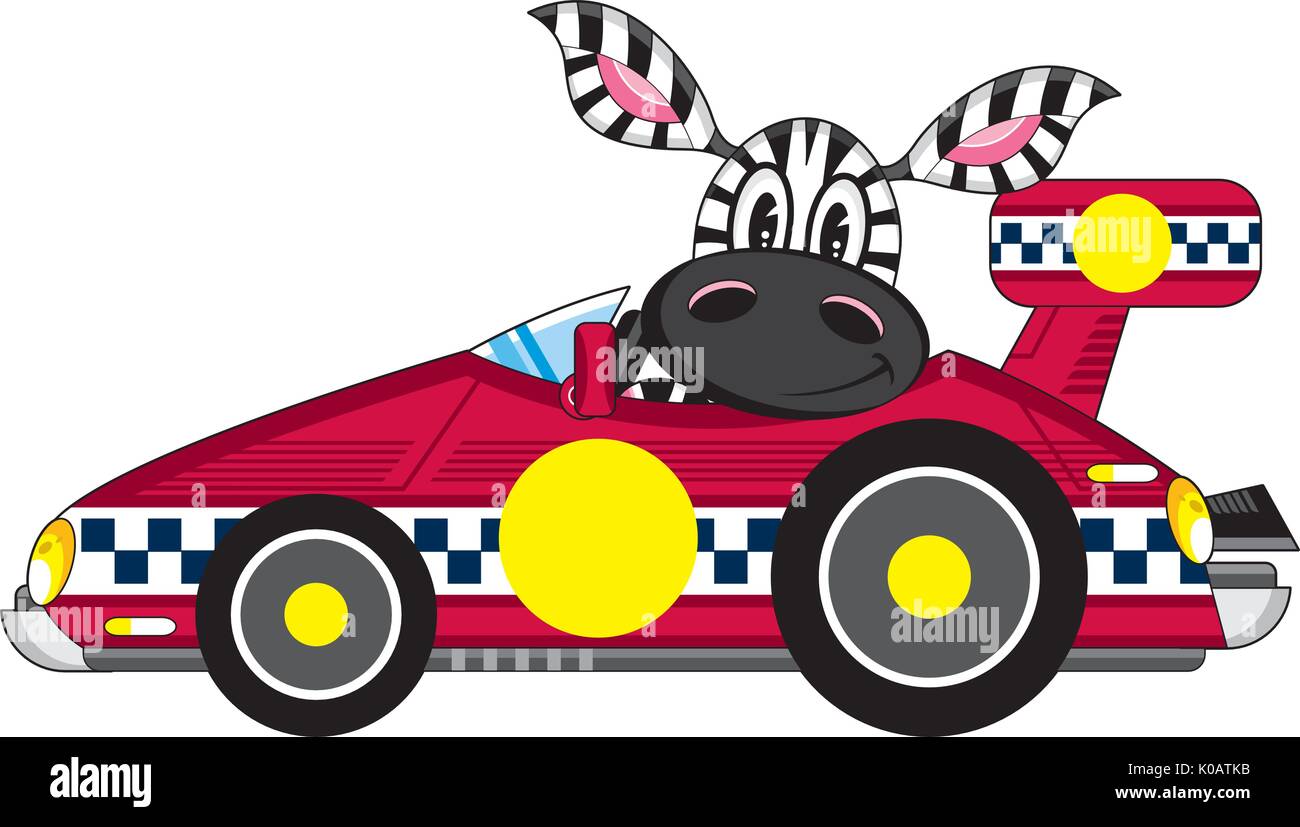 Cute Cartoon Zebra Motor Racing Driver with Sports Car Stock Vector ...