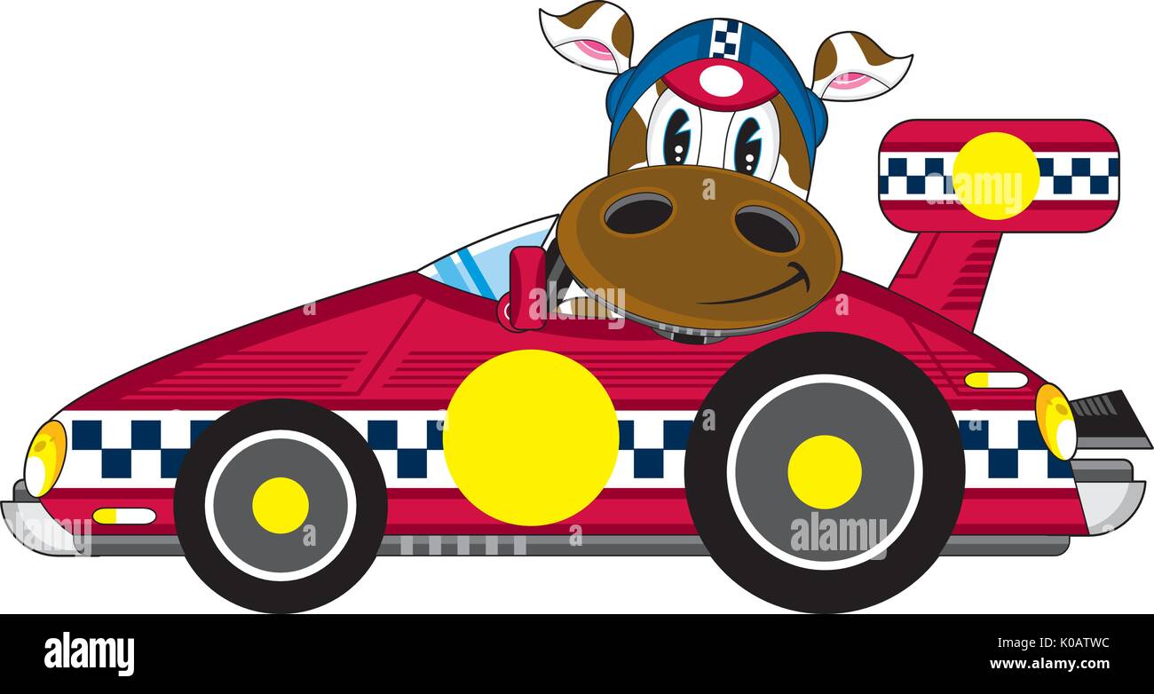 Cute Cartoon Cow Motor Racing with Sports Car Driver Stock Vector Image ...
