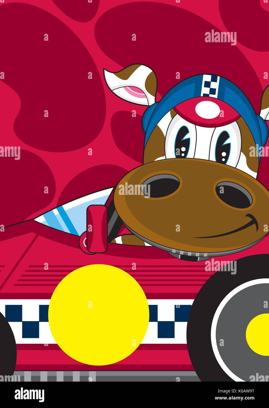 Cute Cartoon Cow Motor Racing with Sports Car Driver Stock Vector Image ...