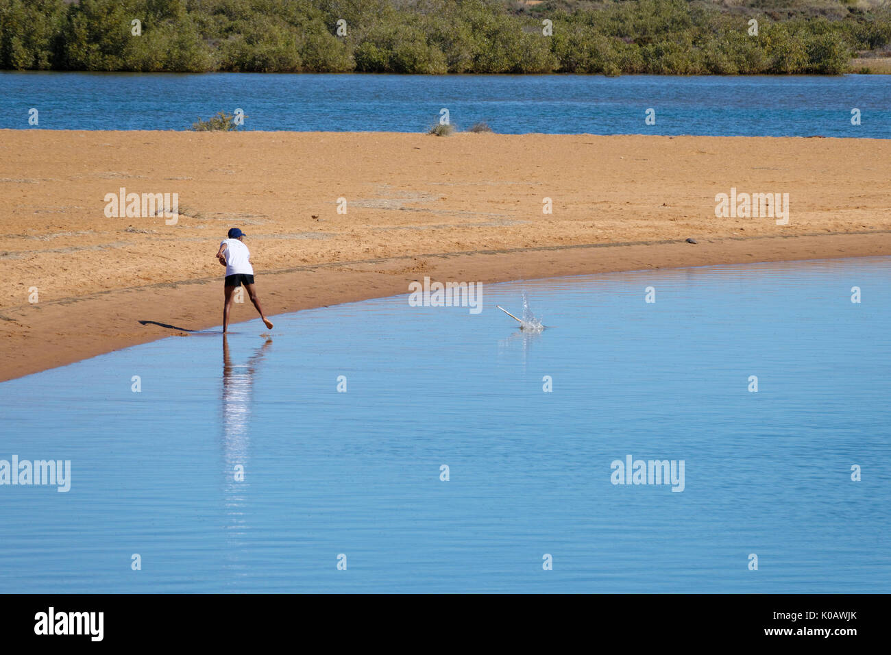 Young Aboriginal man throwing spear into water, attempting to catch ...