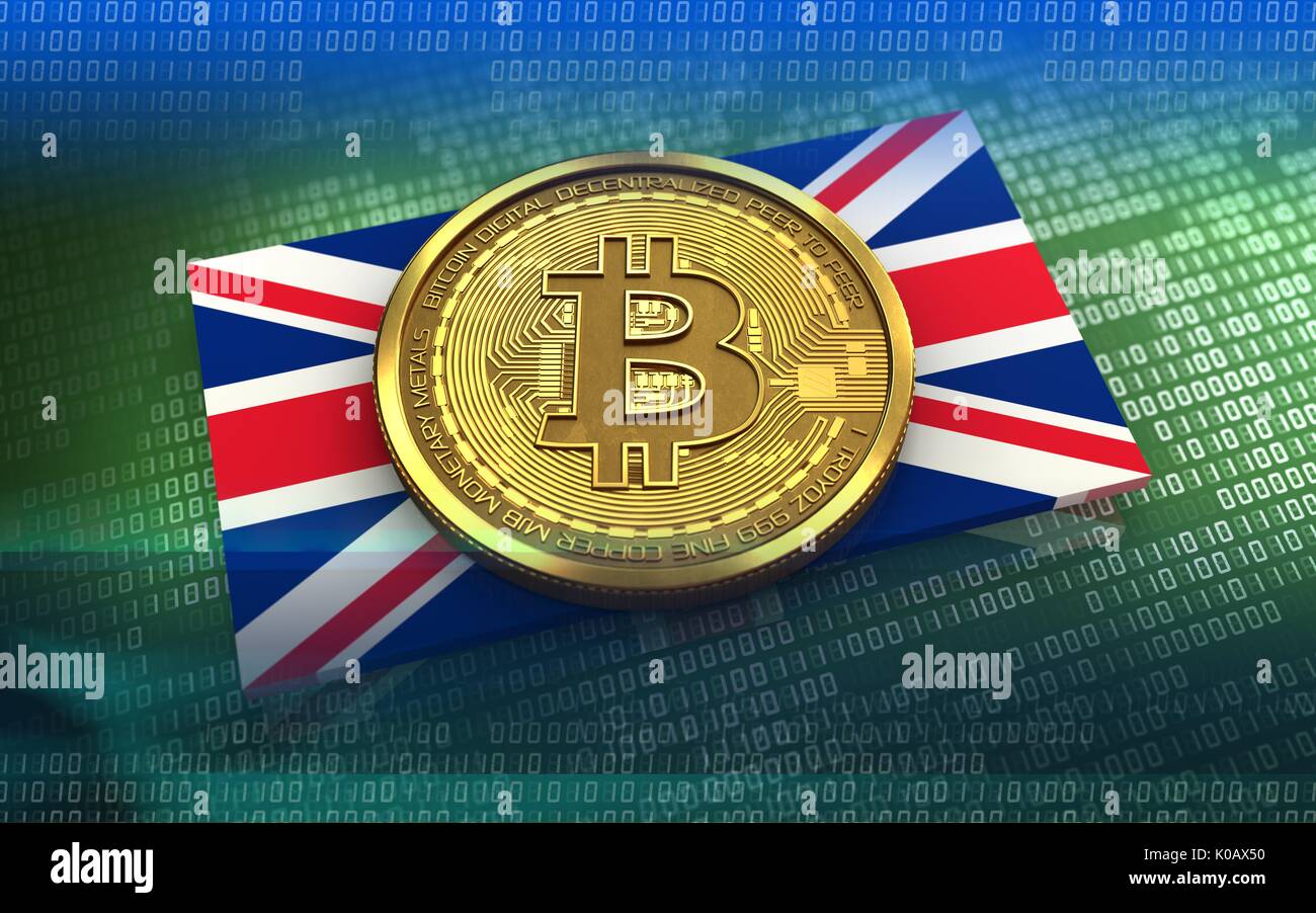 3d illustration of bitcoin over green binary background with UK flag ...