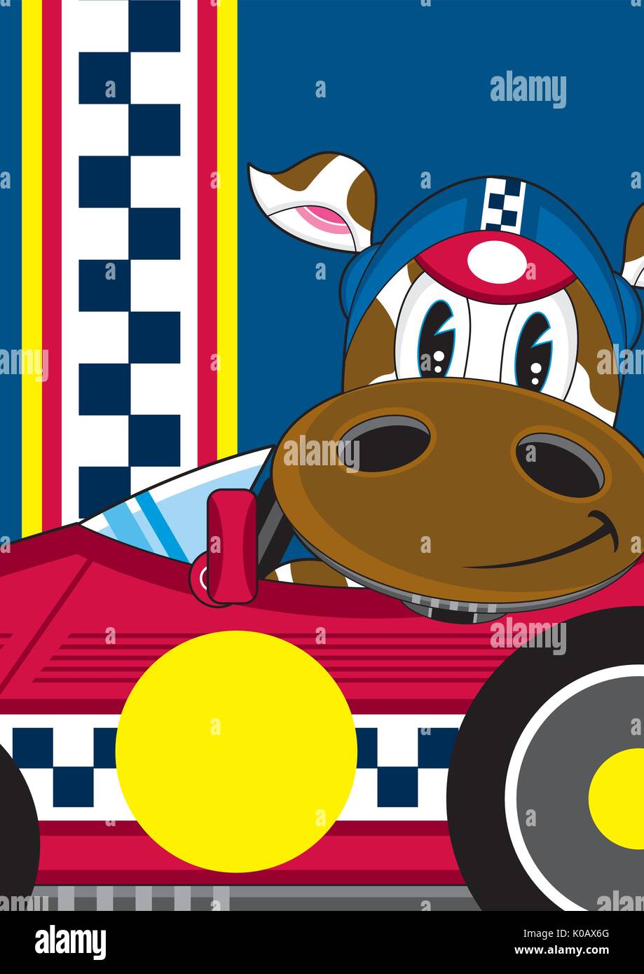 Cute Cartoon Cow Motor Racing Driver with Sports Car Stock Vector Image ...