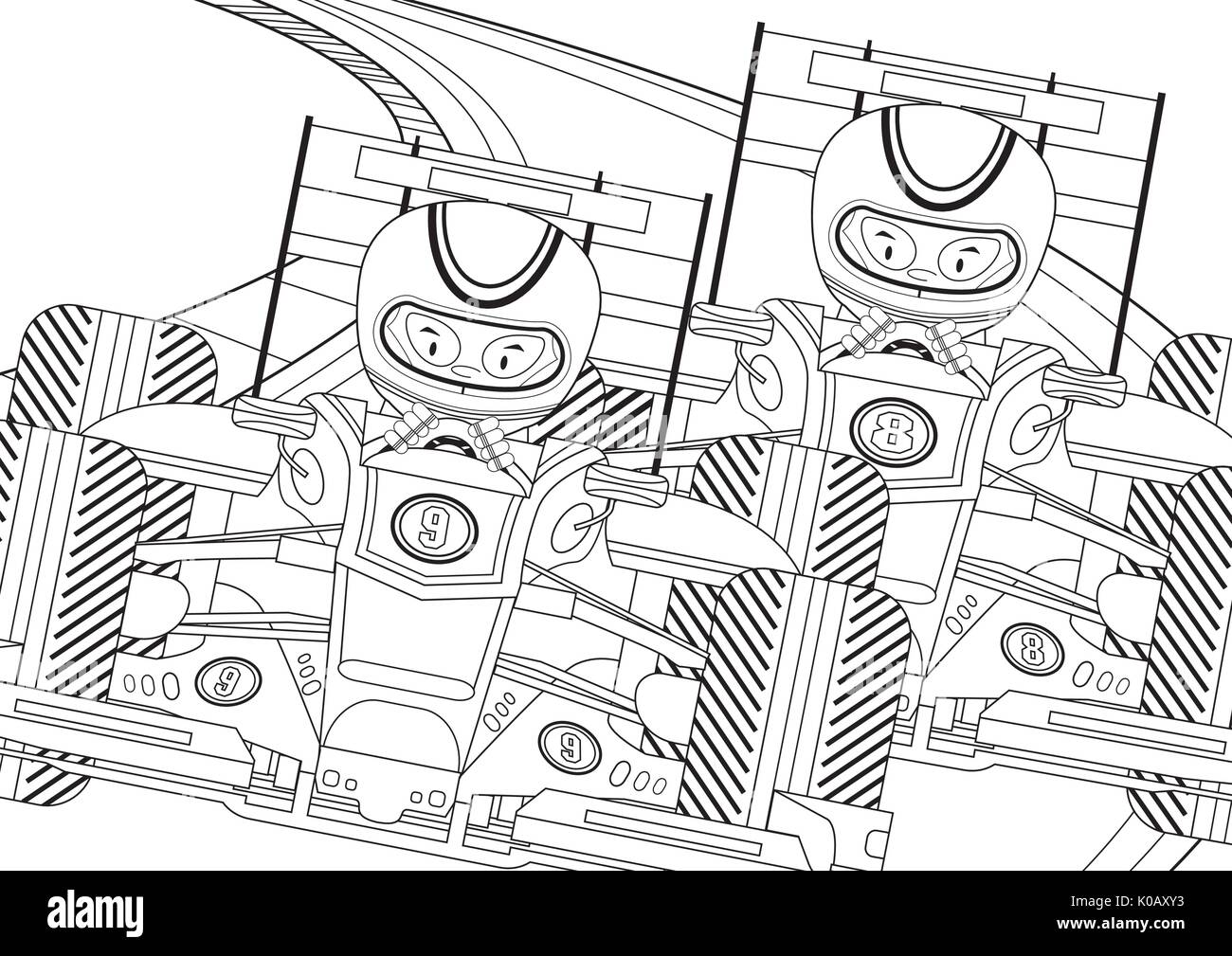 Cute Cartoon Motor Racing Driver and Sports Car Line Art Stock Vector ...