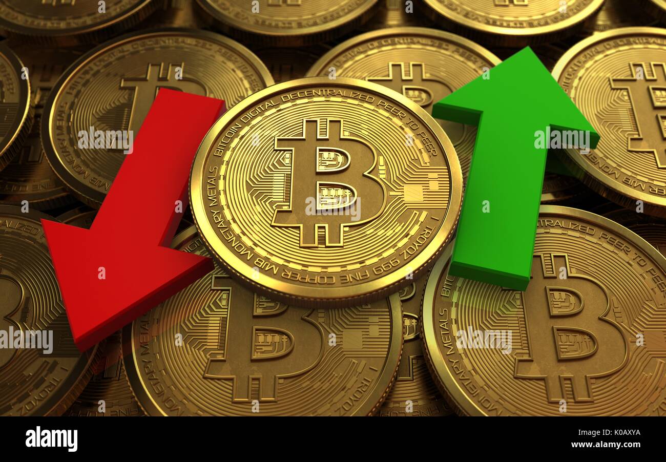 3d illustration of bitcoin over coins stacks background with up and ...