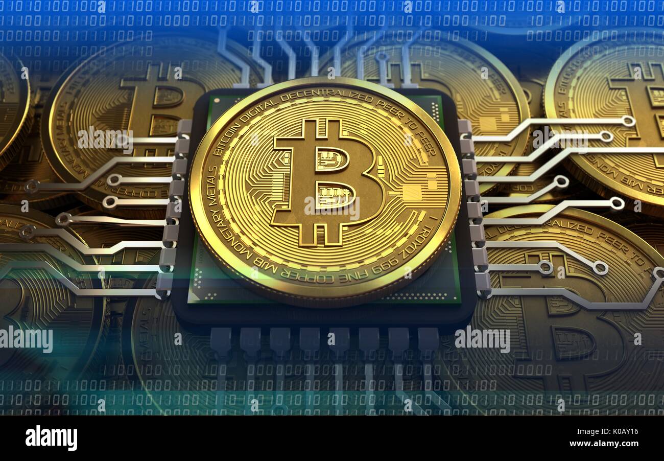 3d illustration of bitcoin over coins stacks background with CPU Stock ...