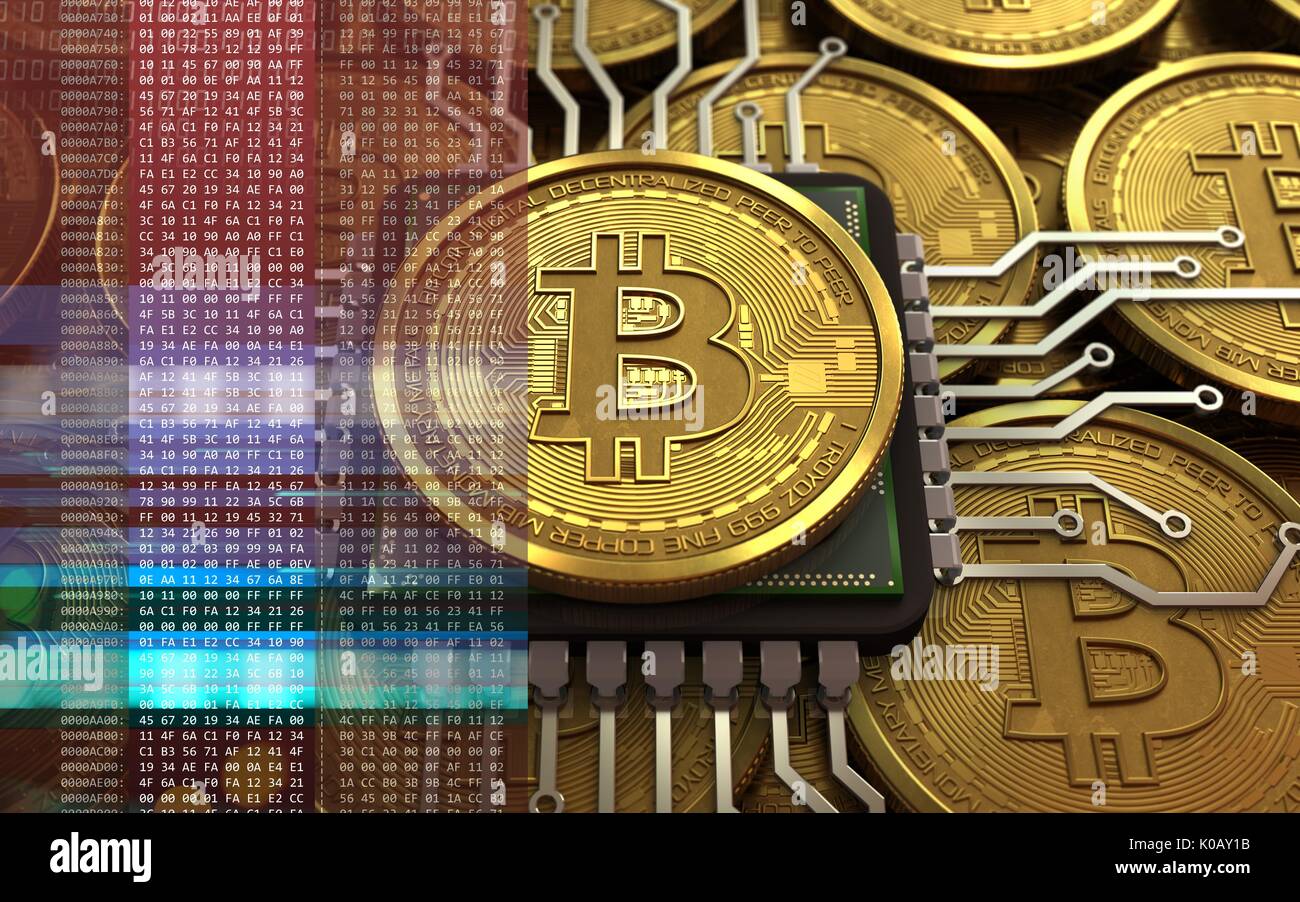 3d illustration of bitcoin over coins stacks background with CPU Stock ...