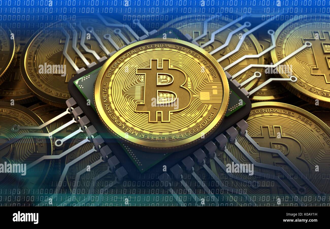 3d illustration of bitcoin over coins stacks background with computer ...