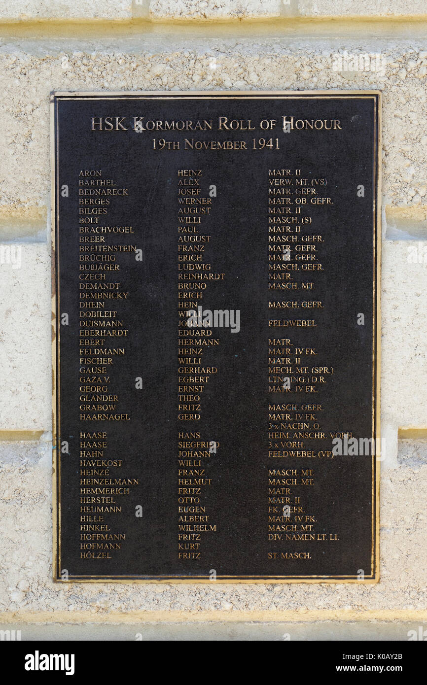 Memorial, roll of honour for the sailors of the HSK Kormoran, Carnarvon ...
