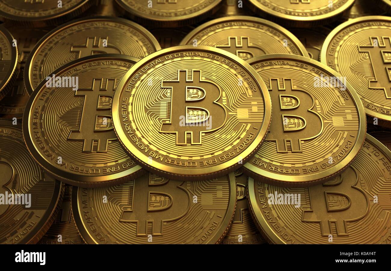 3d illustration of bitcoin over coins stacks background with stack ...