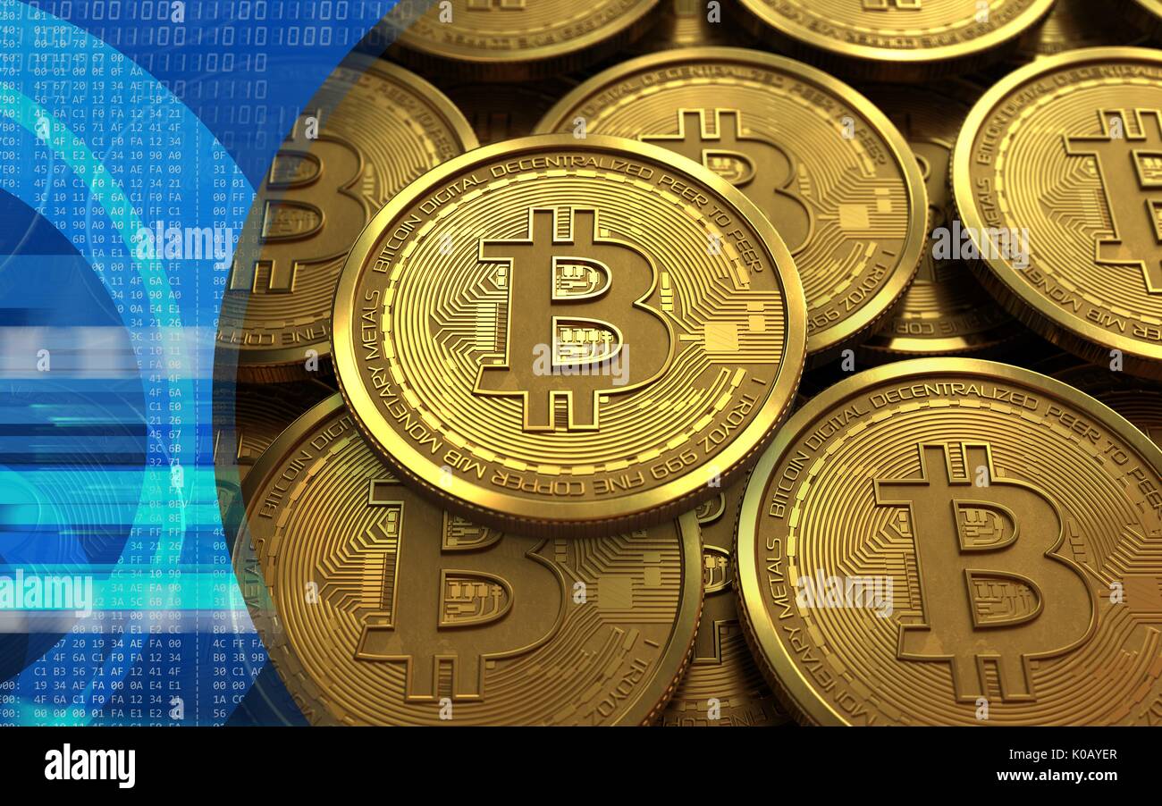 3d illustration of bitcoin over coins stacks background with blue ...