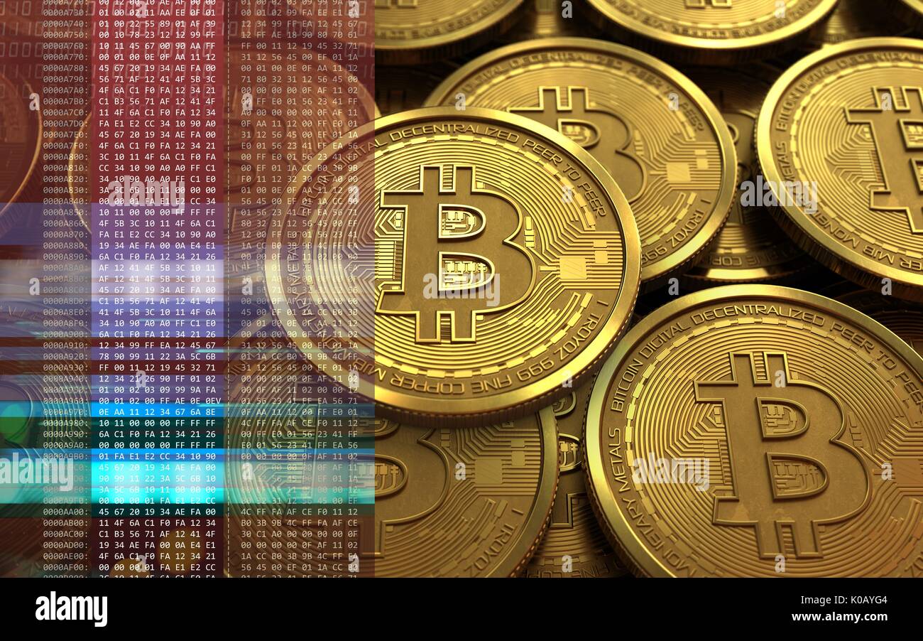3d illustration of bitcoin over coins stacks background with red hex ...