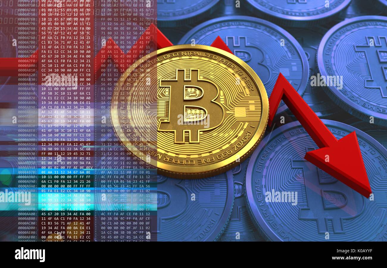 3d illustration of bitcoin over blue coins background with failure ...