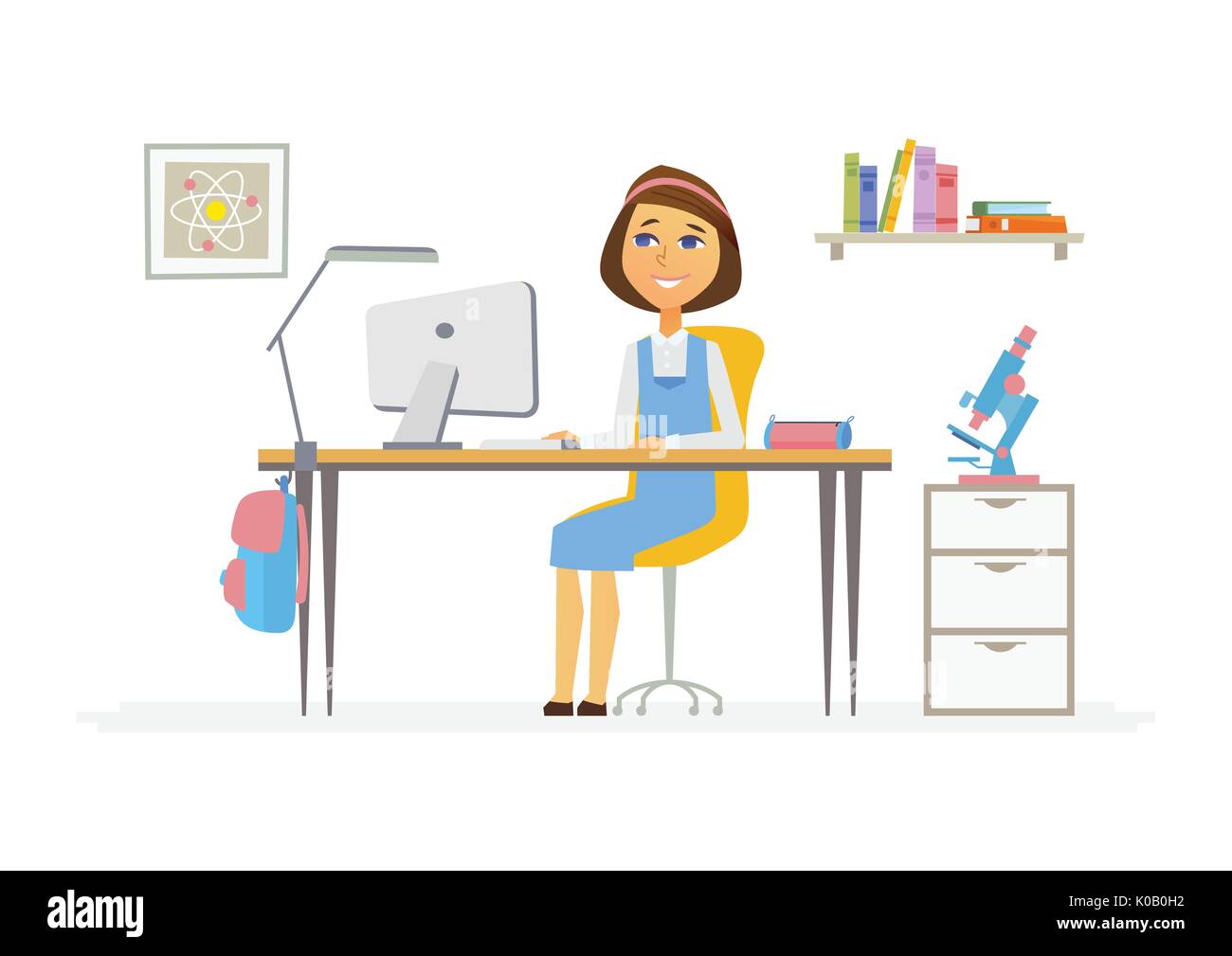Online education - illustration of girl student at home computer Stock ...