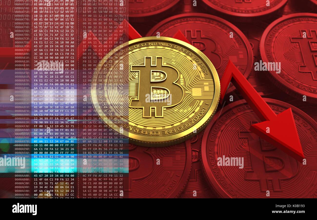 3d illustration of bitcoin over red coins background with failure ...