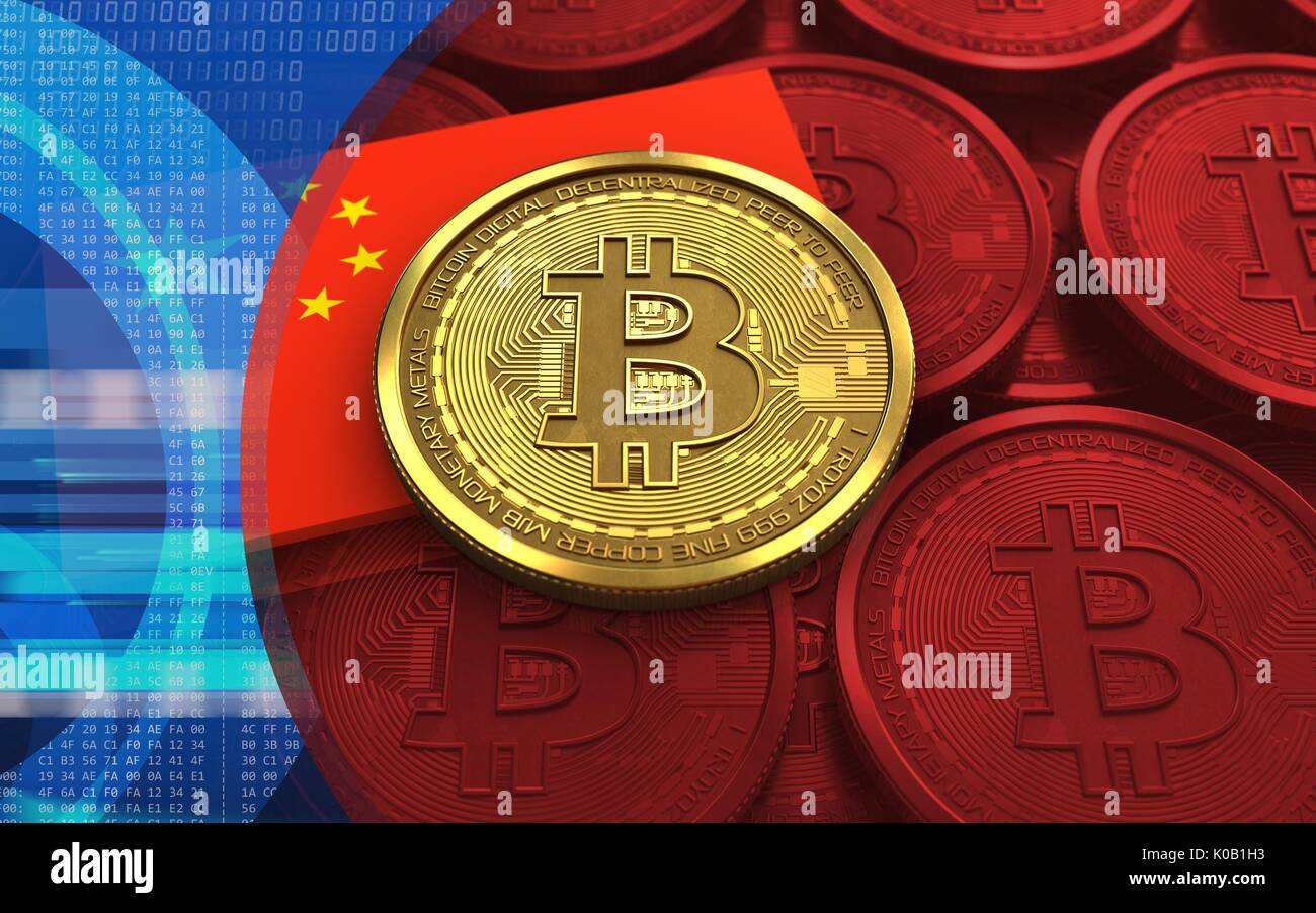 3d illustration of bitcoin over red coins background with china flag ...