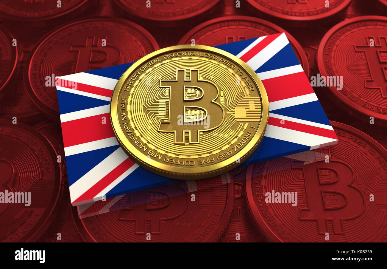 3d illustration of bitcoin over red coins background with UK flag Stock ...