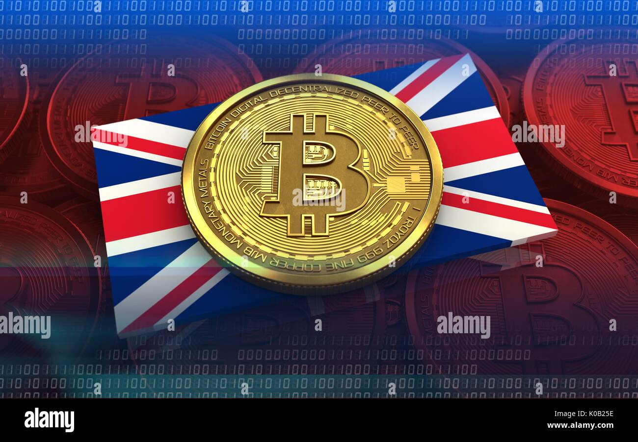 3d illustration of bitcoin over red coins background with UK flag Stock ...