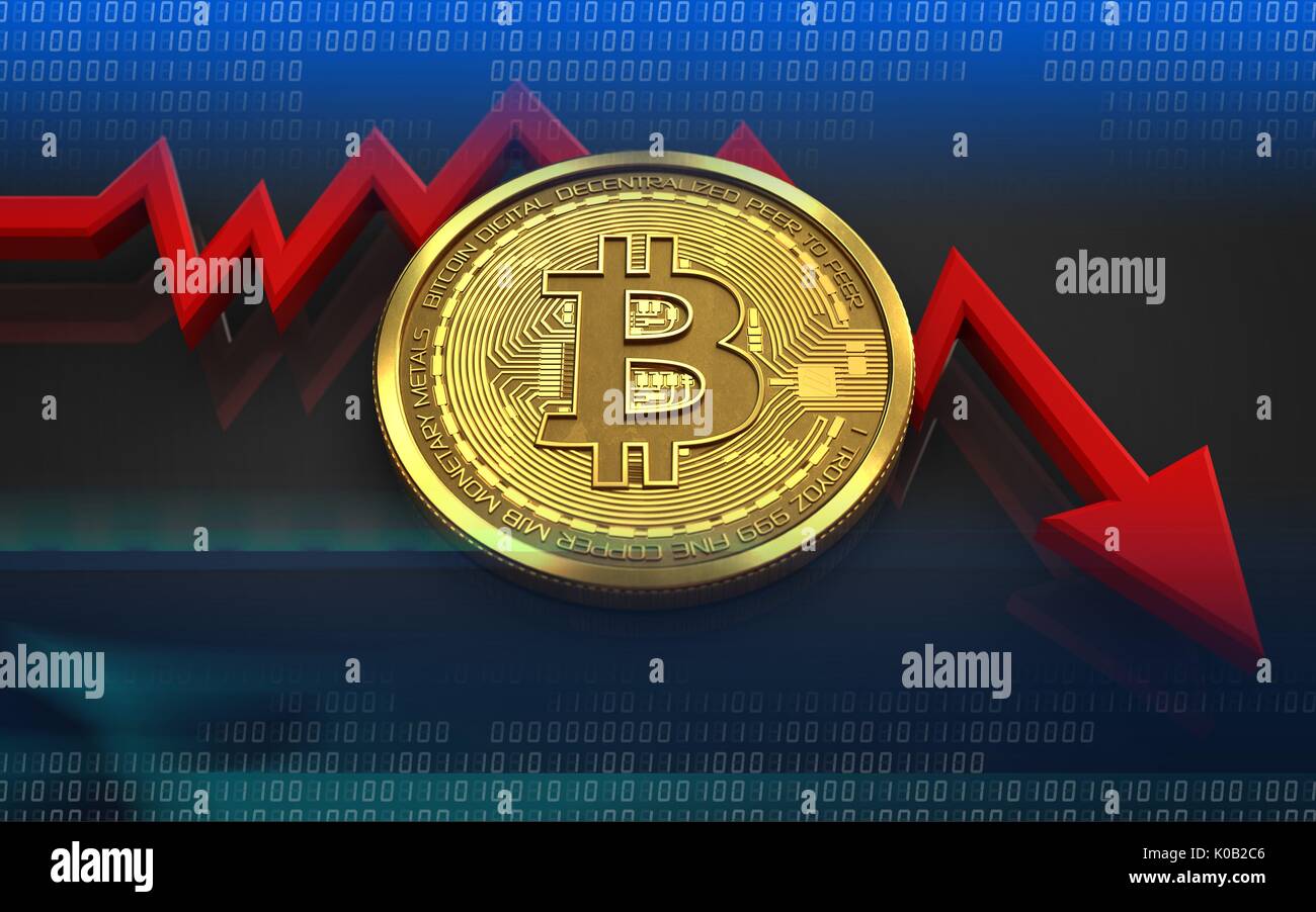 3d illustration of bitcoin over black background with failure diagram ...