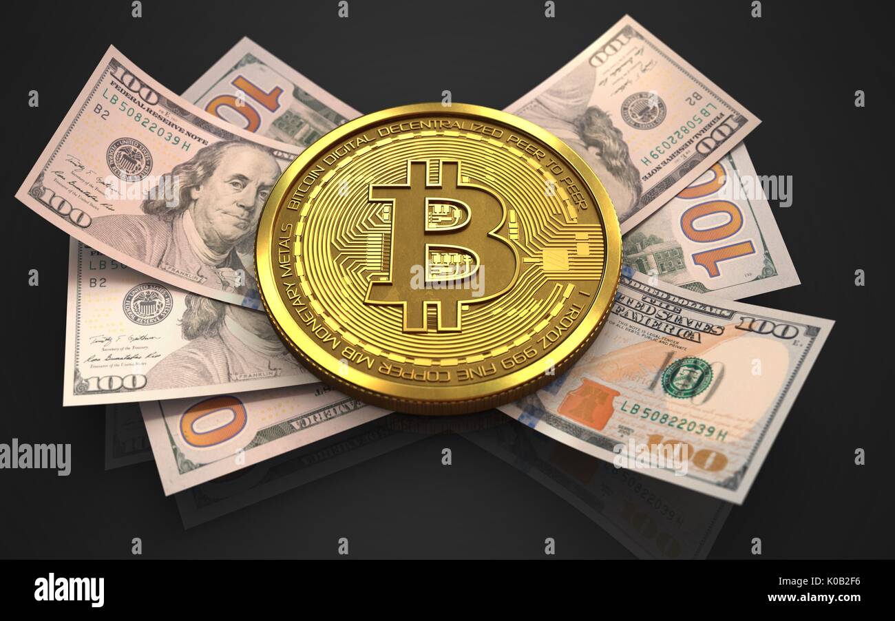 3d illustration of bitcoin over black background with banknotes Stock ...