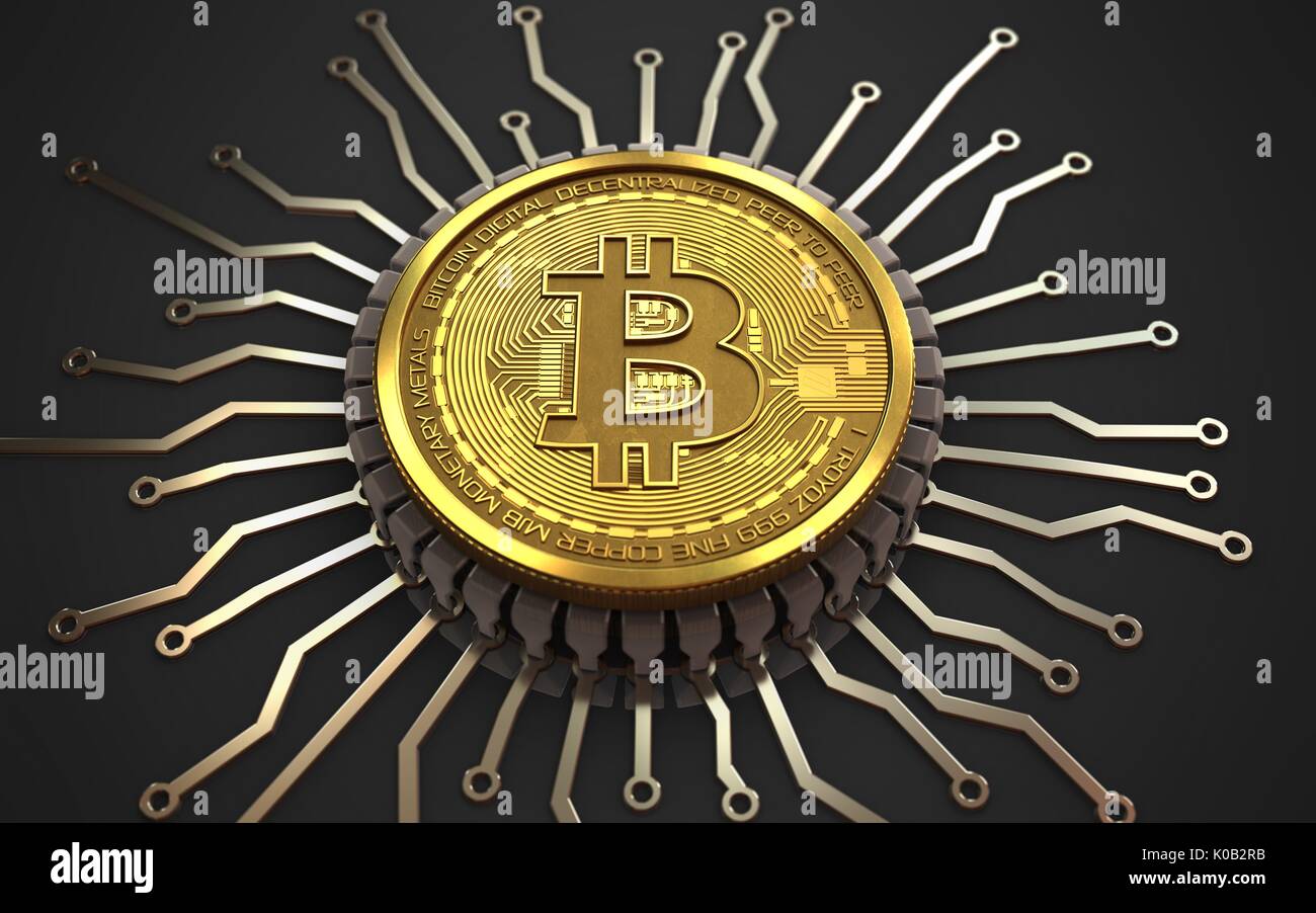 3d illustration of bitcoin over black background with integrated chip ...