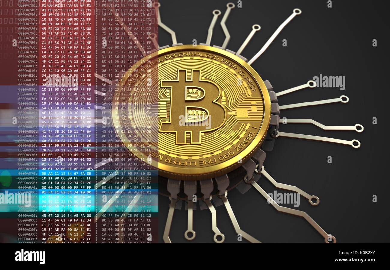 3d illustration of bitcoin over black background with chip schema Stock ...