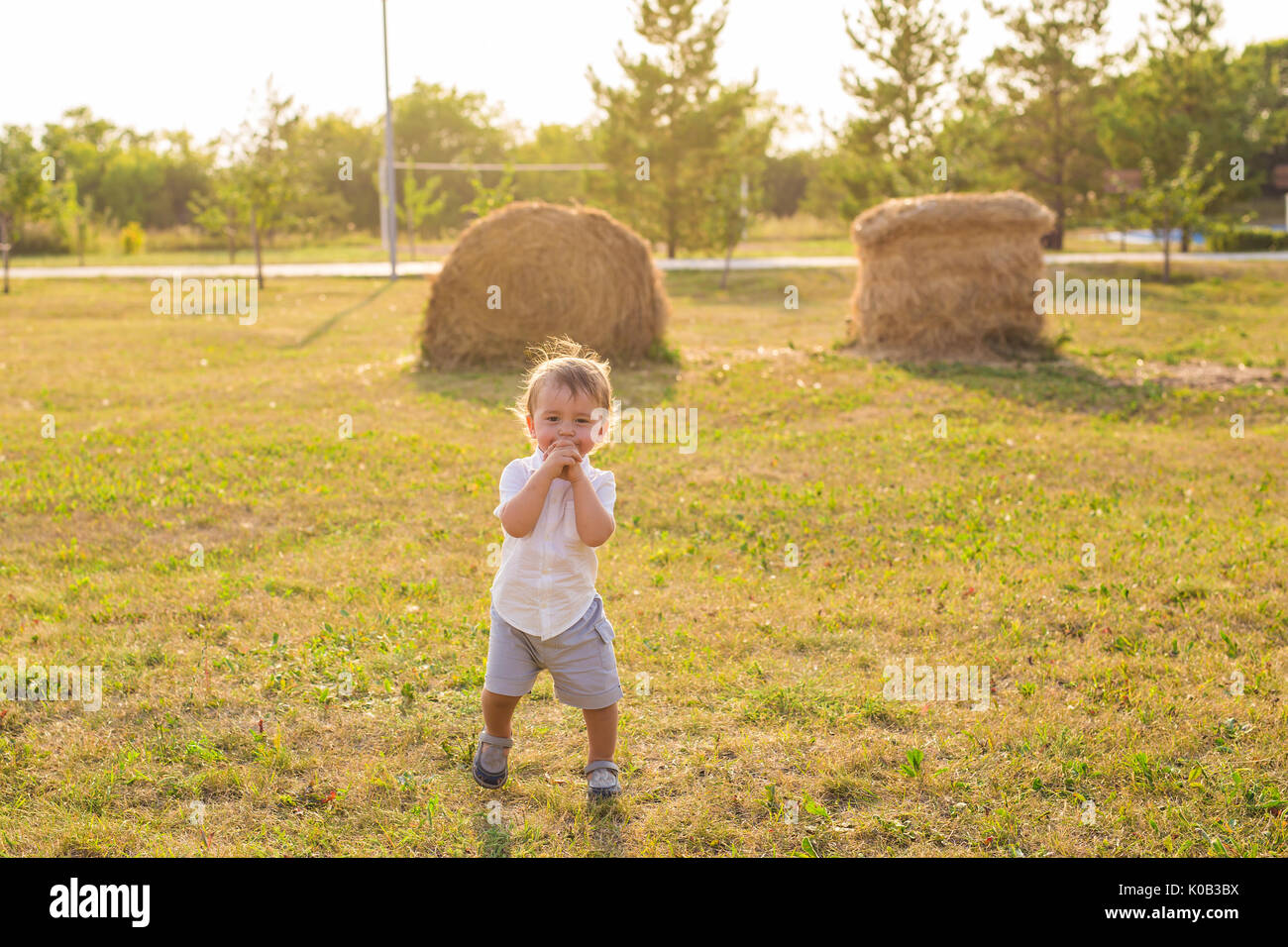 smiling boy in the field at sunny summer morning. boy in white shirt ...