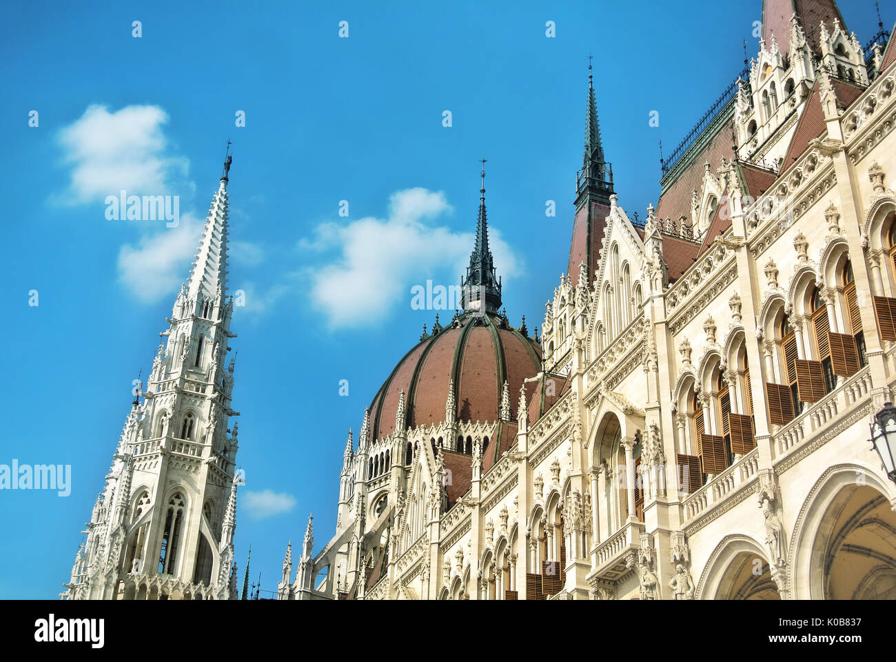 Close up view to Budapest parliament building and a beautiful blue sky ...