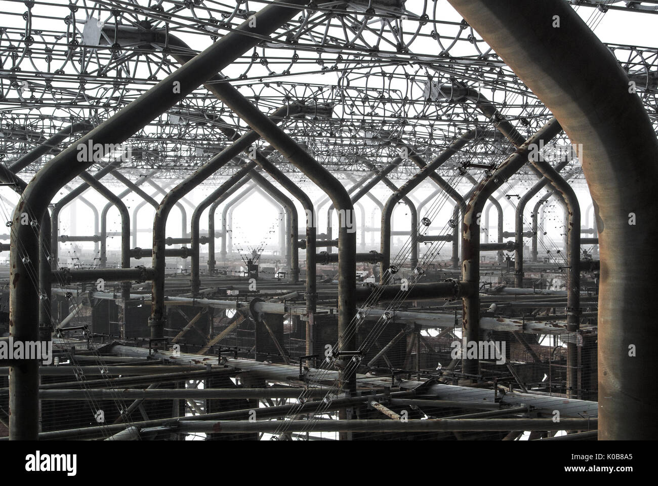 Metal close up details of abandoned Duga radar (Russian woodpecker) at ...