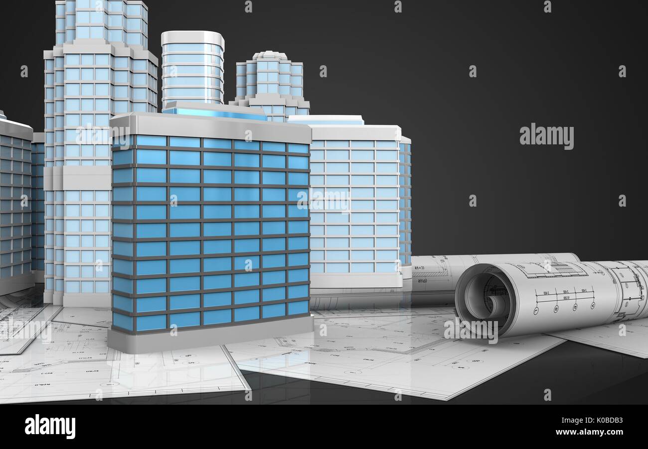 3d illustration of generic building with urban scene over black ...