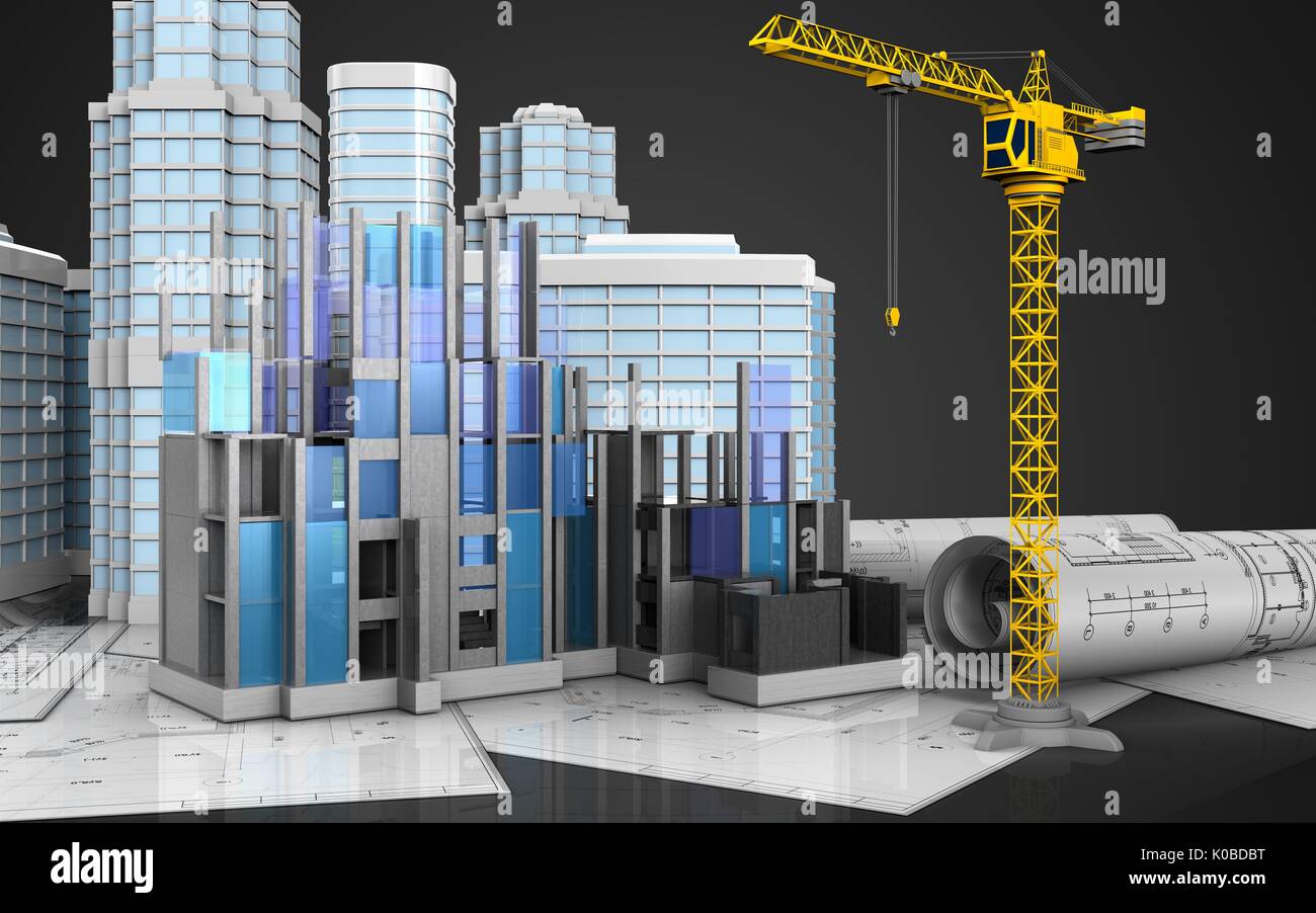 3d illustration of construction progress with urban scene over black ...