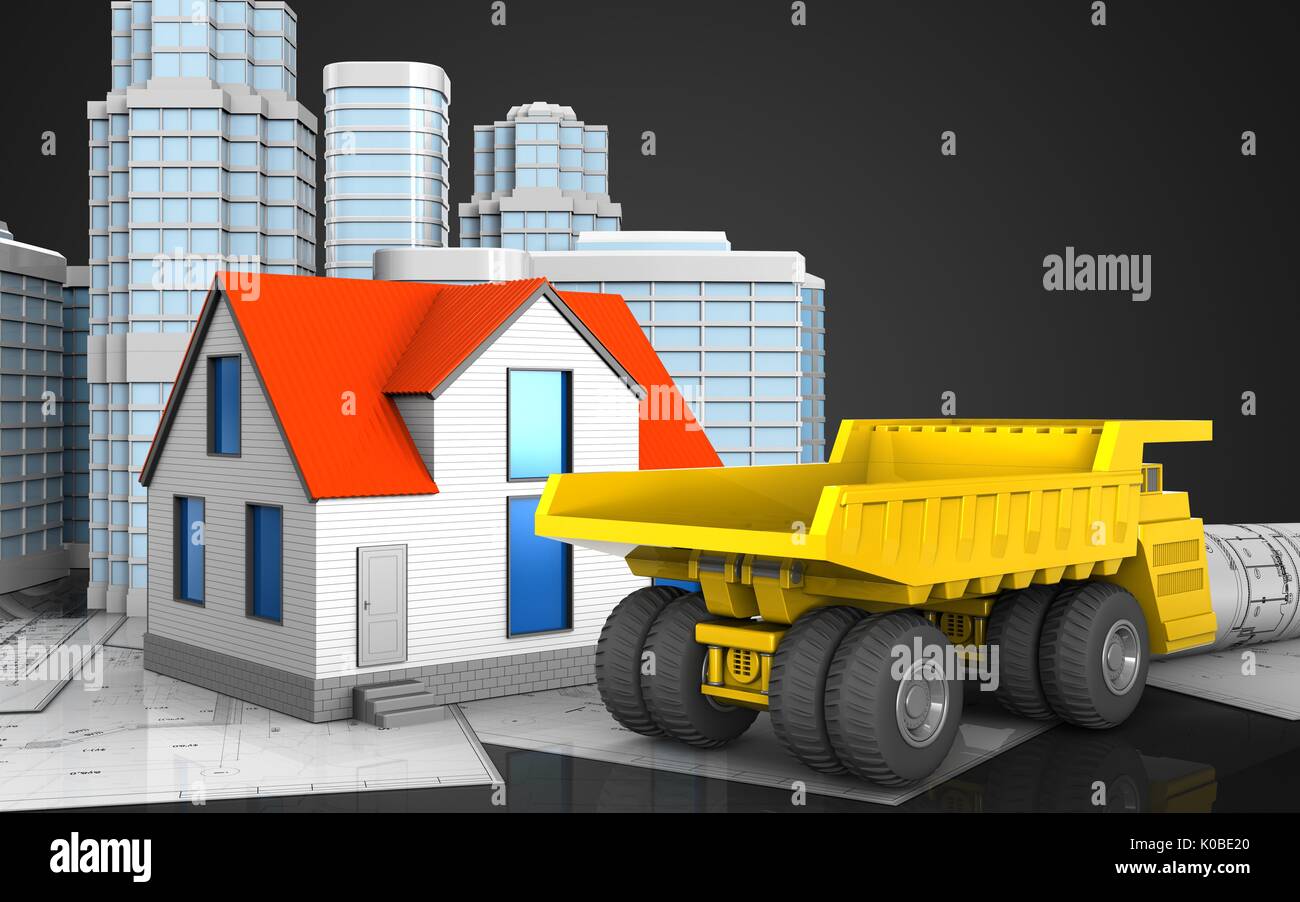 3d illustration of generic house with urban scene over black background ...