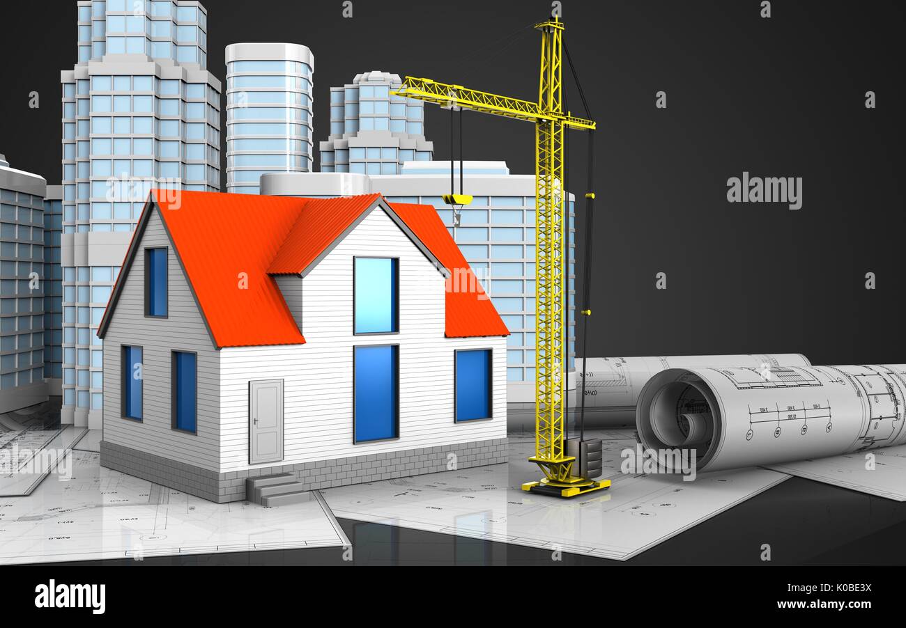 3d illustration of generic house with urban scene over black background ...