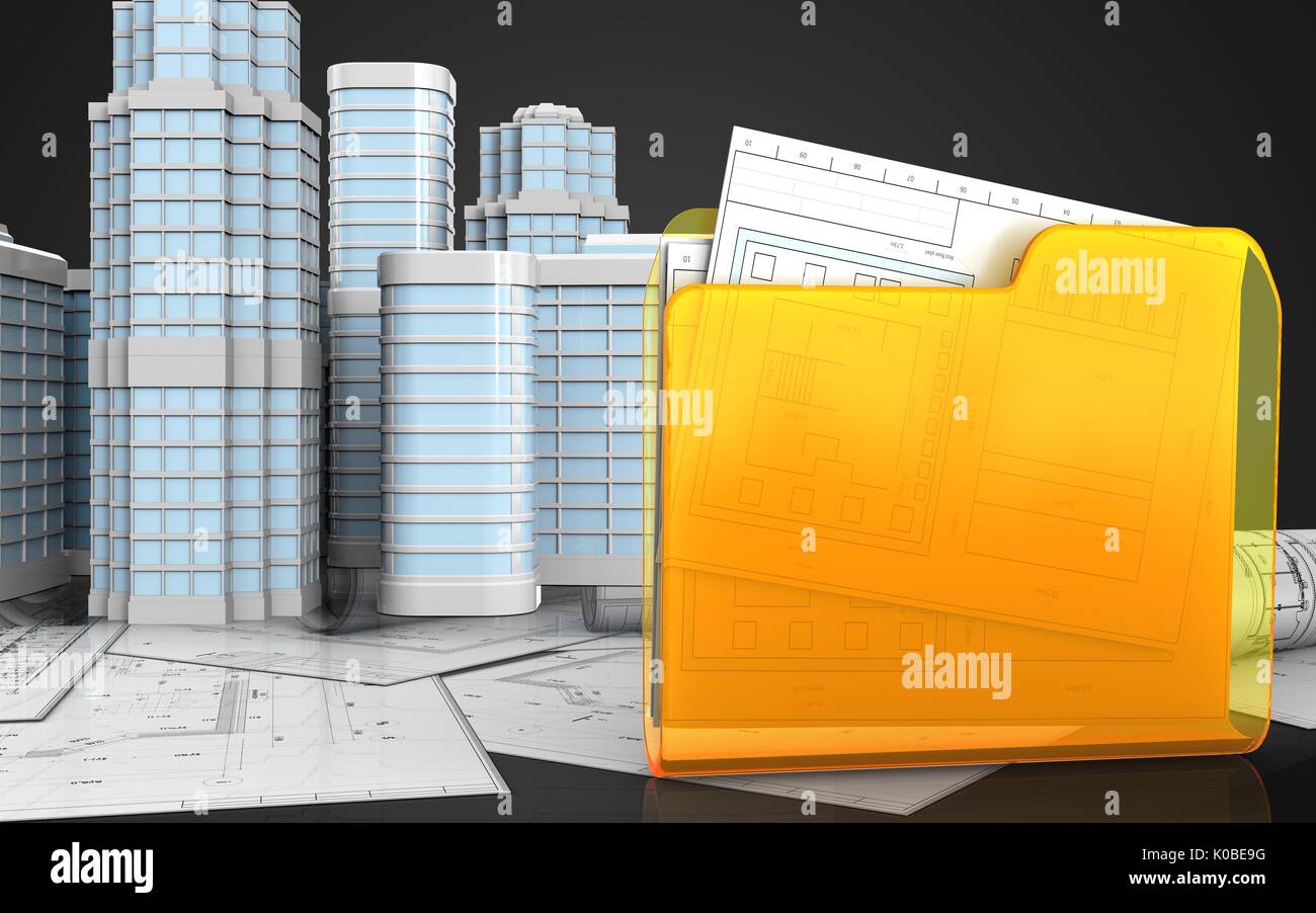 3d illustration of folder with urban scene over black background Stock ...