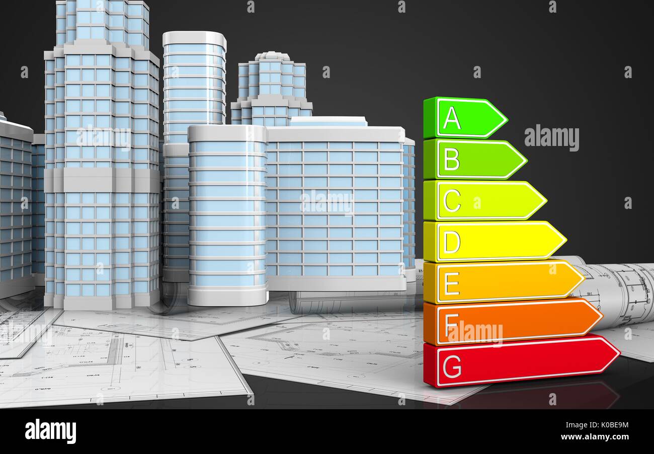 3d illustration of power rating with urban scene over black background ...