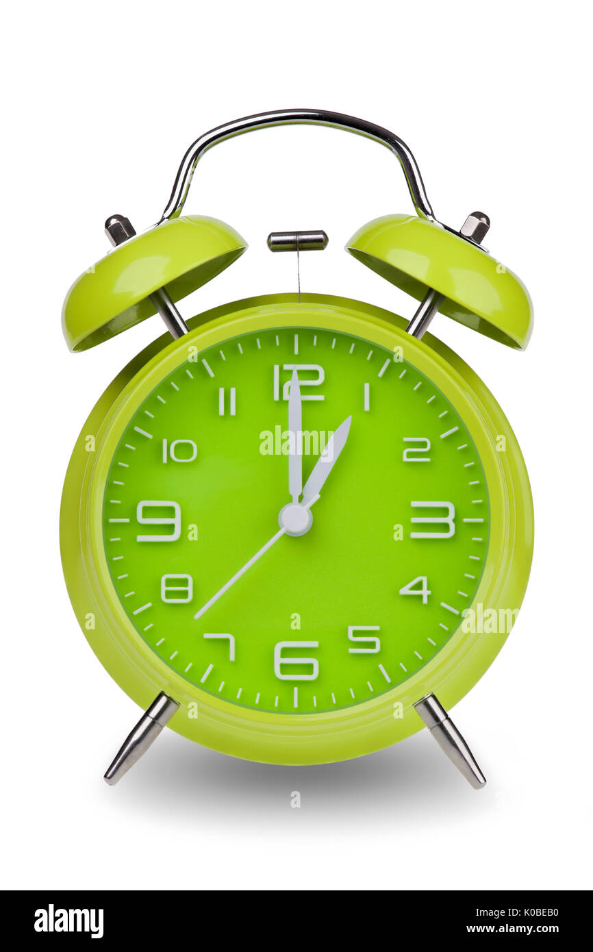 Green alarm clock with the hands at 1 am or pm isolated on a white ...