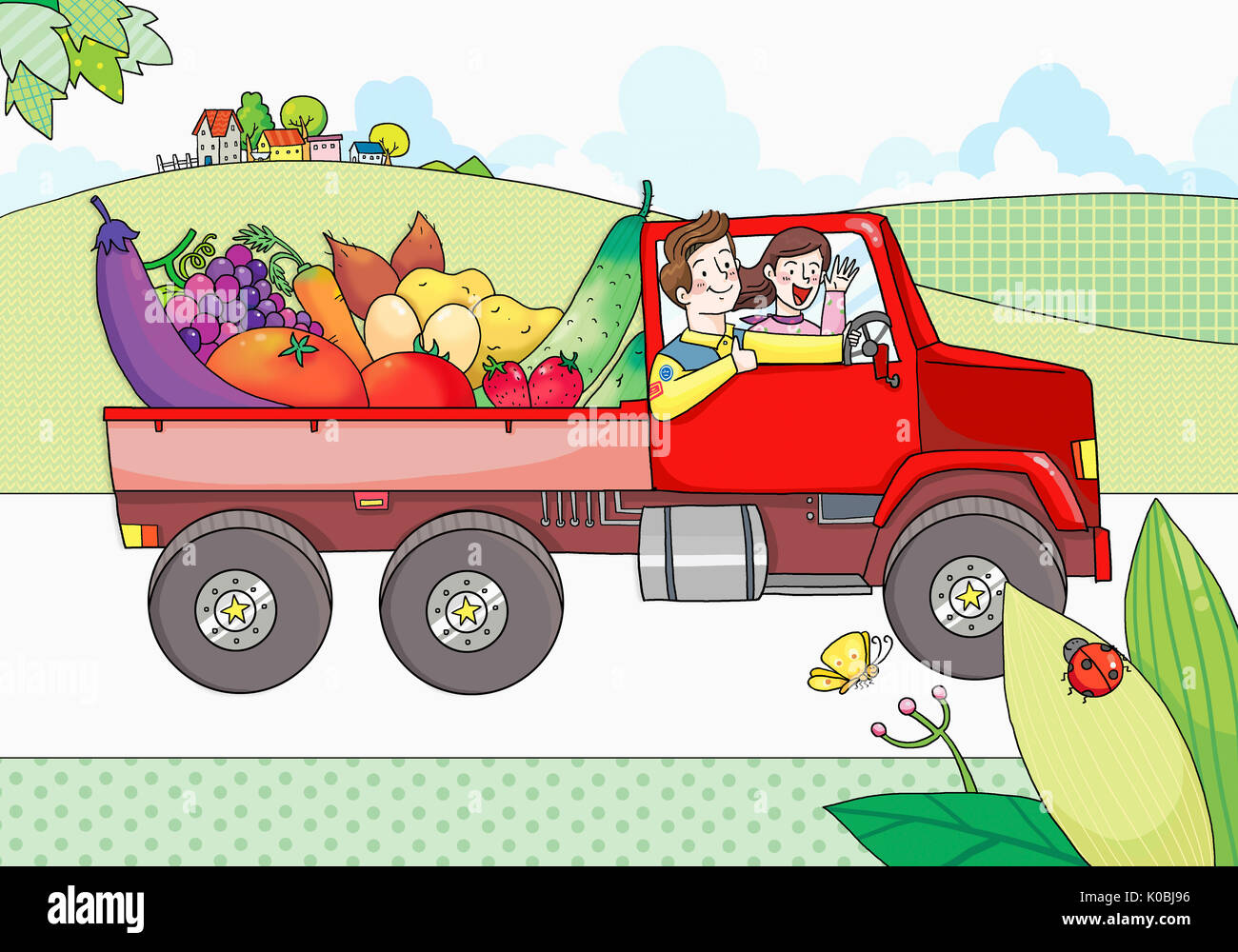 Smiling farmer couple driving a truck full of fresh vegetables Stock ...