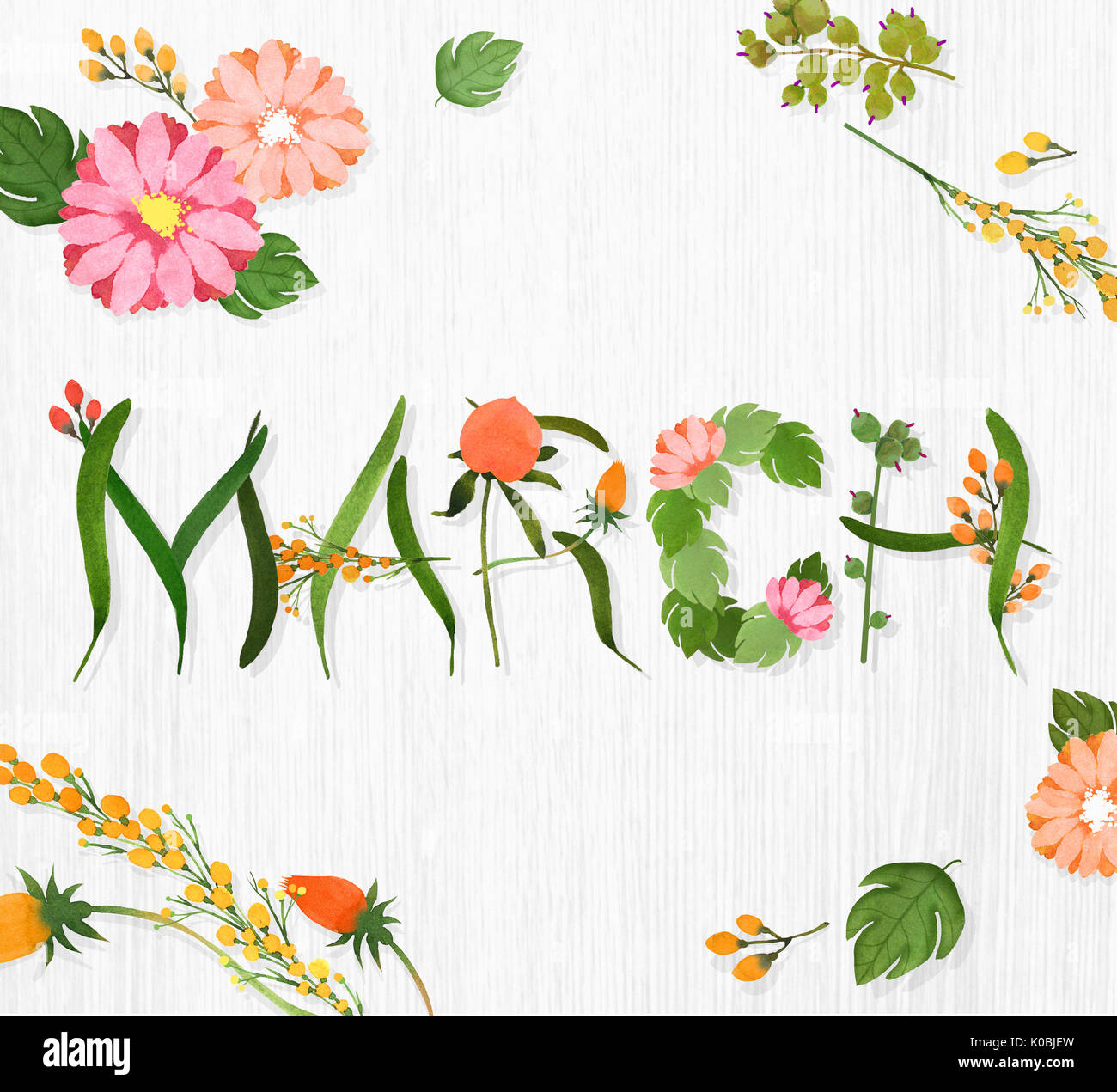 Typographic English letters for MARCH with flowers and plants Stock ...