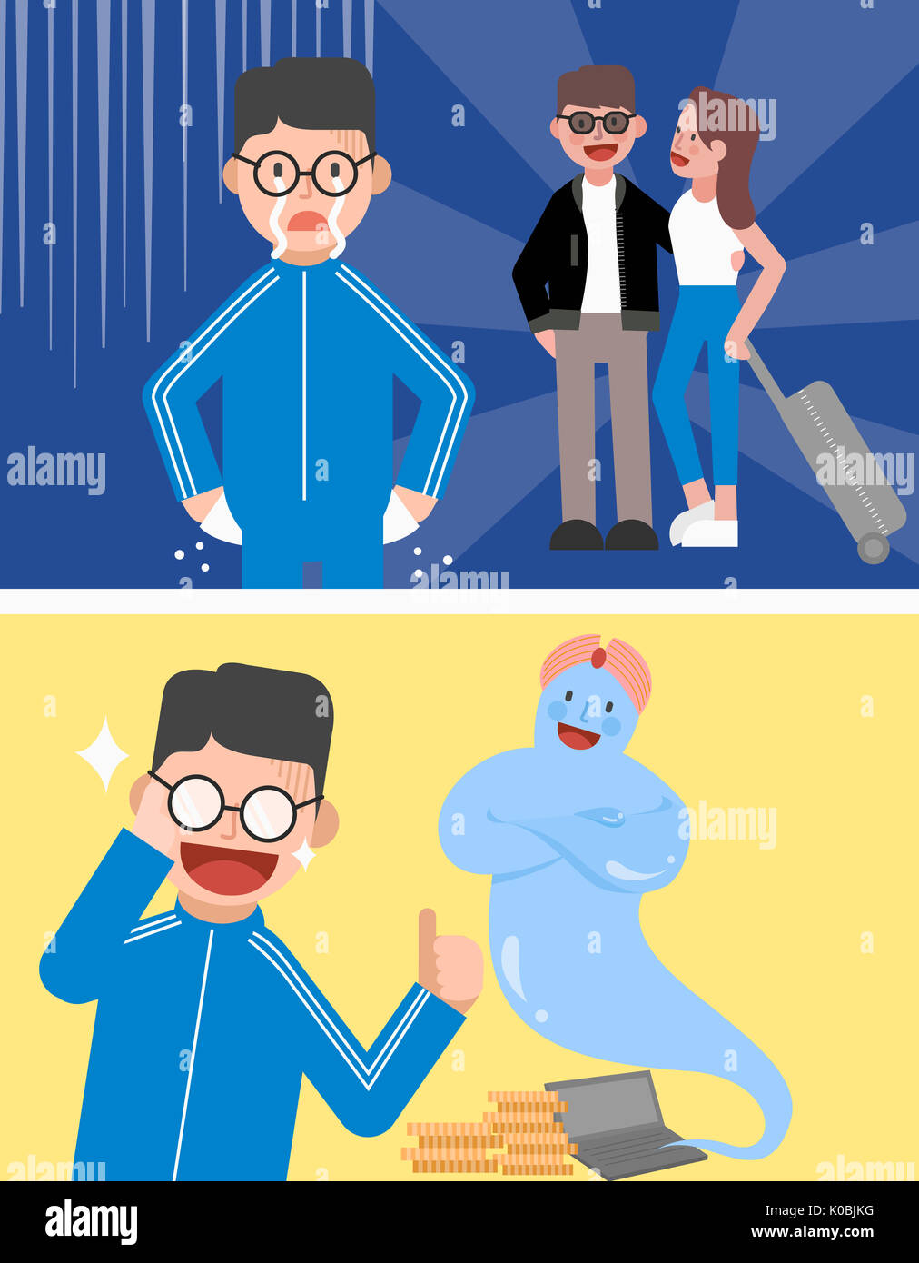 NEET man jealous of couple going on a trip, NEET man showing thumb-up ...