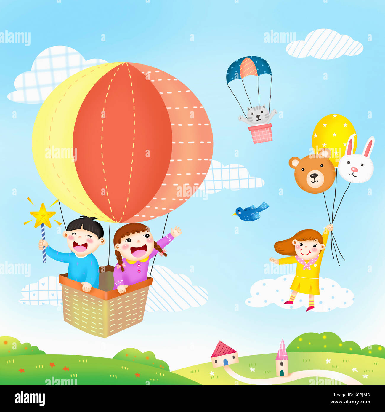 Smiling children flying in sky Stock Photo - Alamy