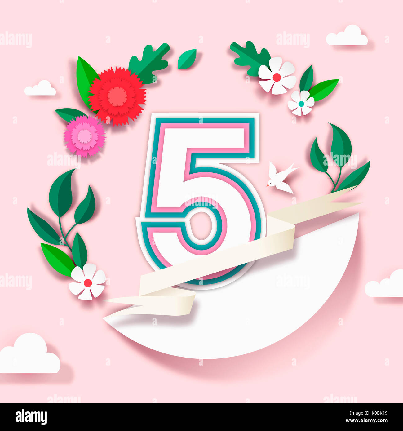 Typography of number five with flowers and leaves Stock Photo - Alamy