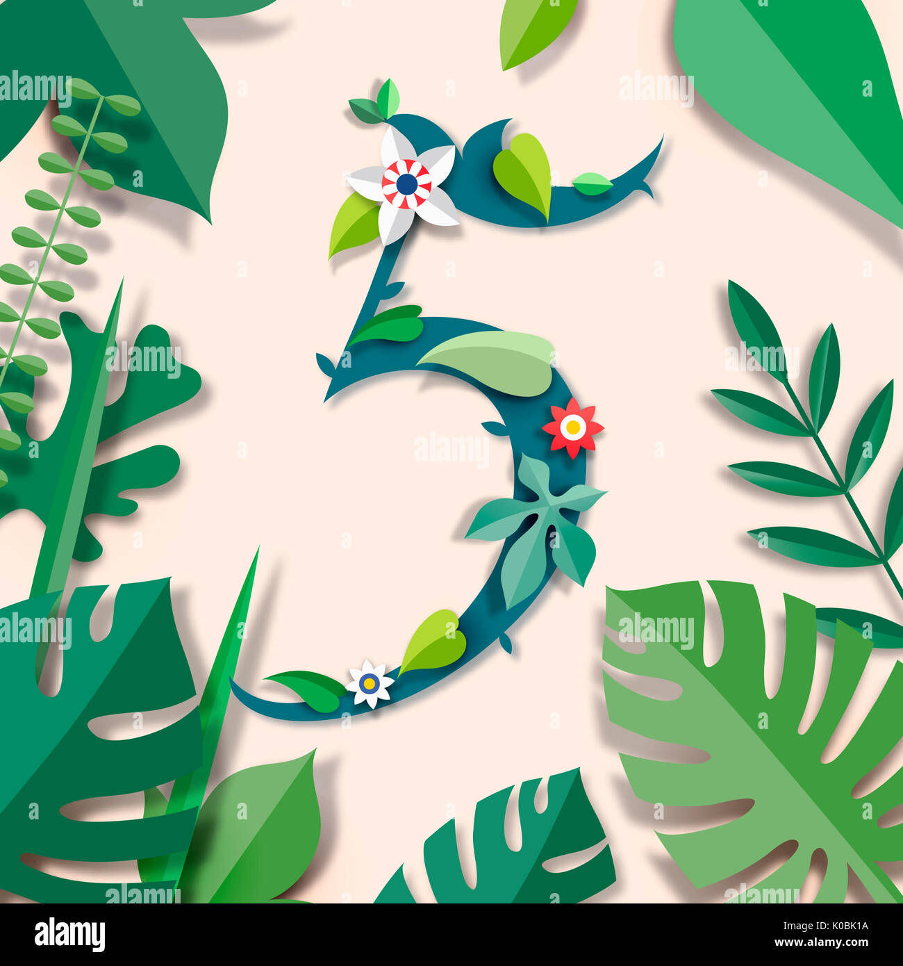 Typography of number five with flowers and leaves Stock Photo - Alamy