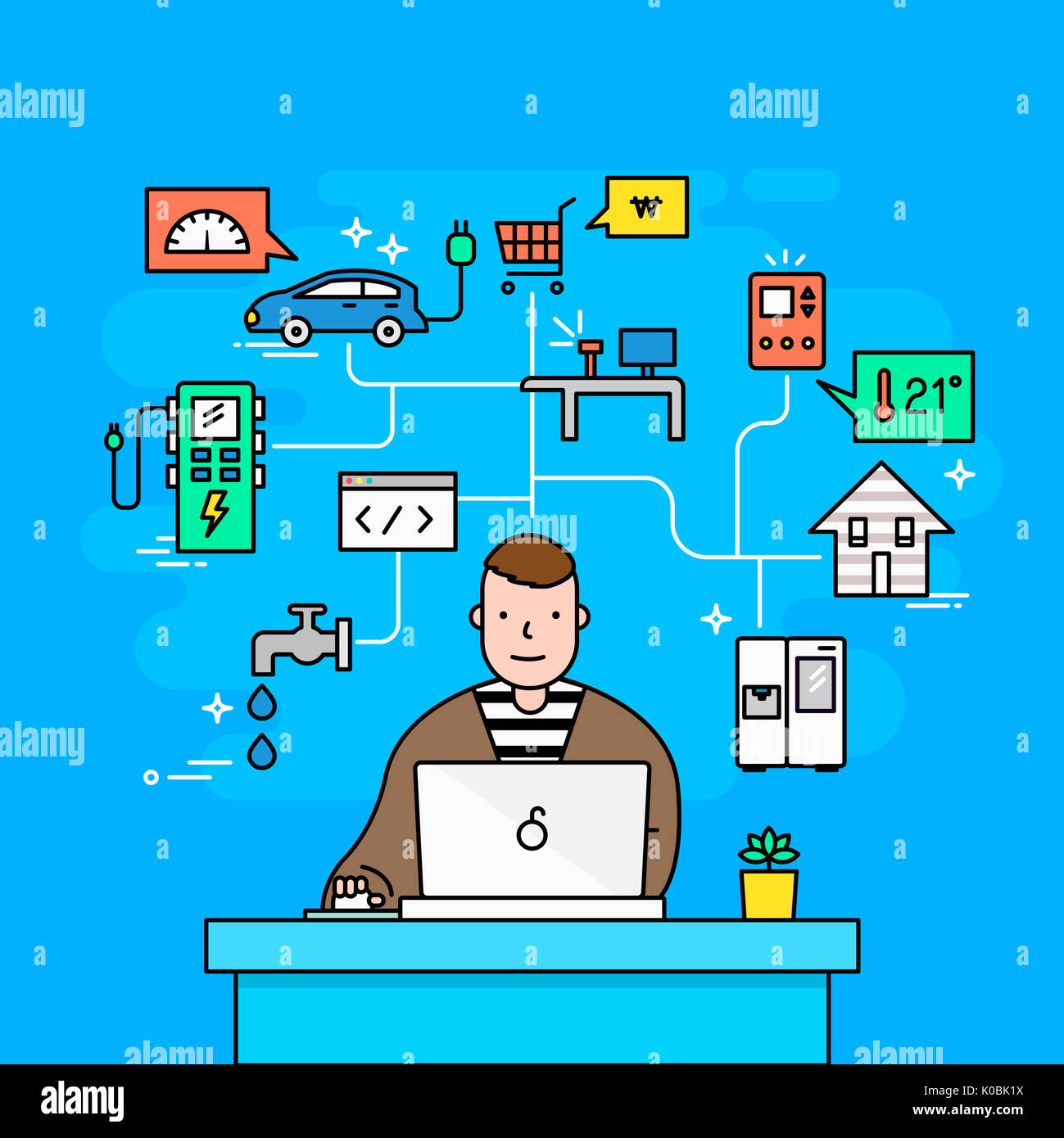 Smiling man using notebook computer with icons related to Internet of ...