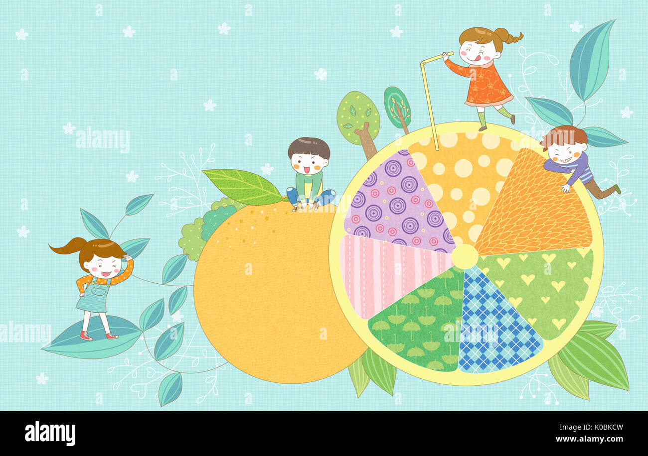 Smiling children having fun with oranges Stock Photo - Alamy