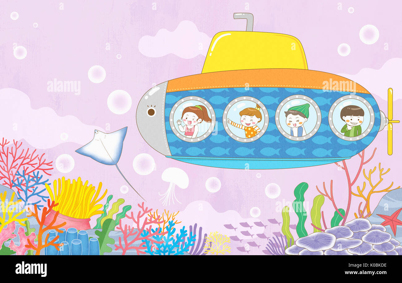 Smilingl children traveling underwater in a submarine Stock Photo - Alamy