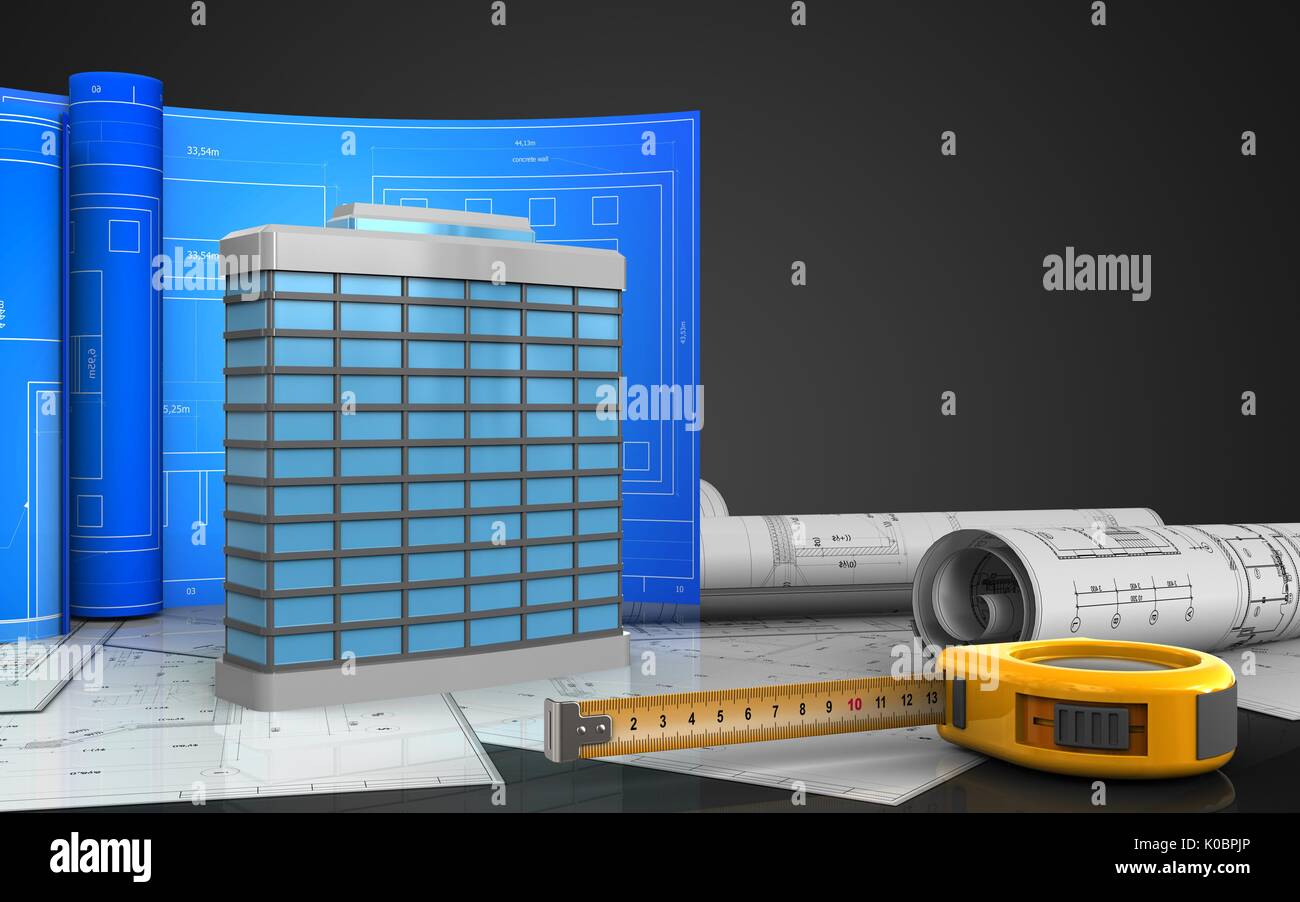 3d illustration of generic building with drawing roll over black ...