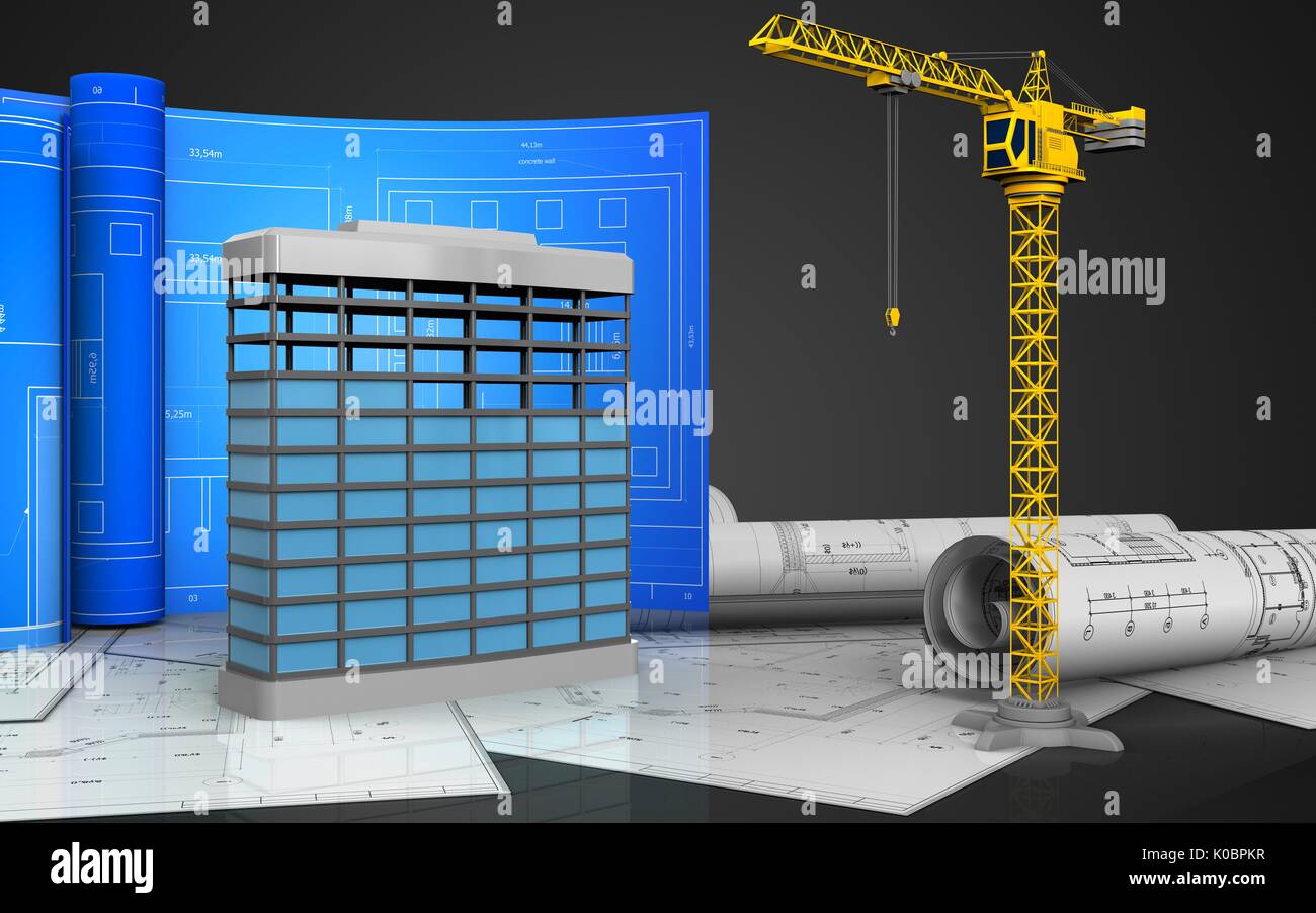 3d illustration of building construction with drawing roll over black ...