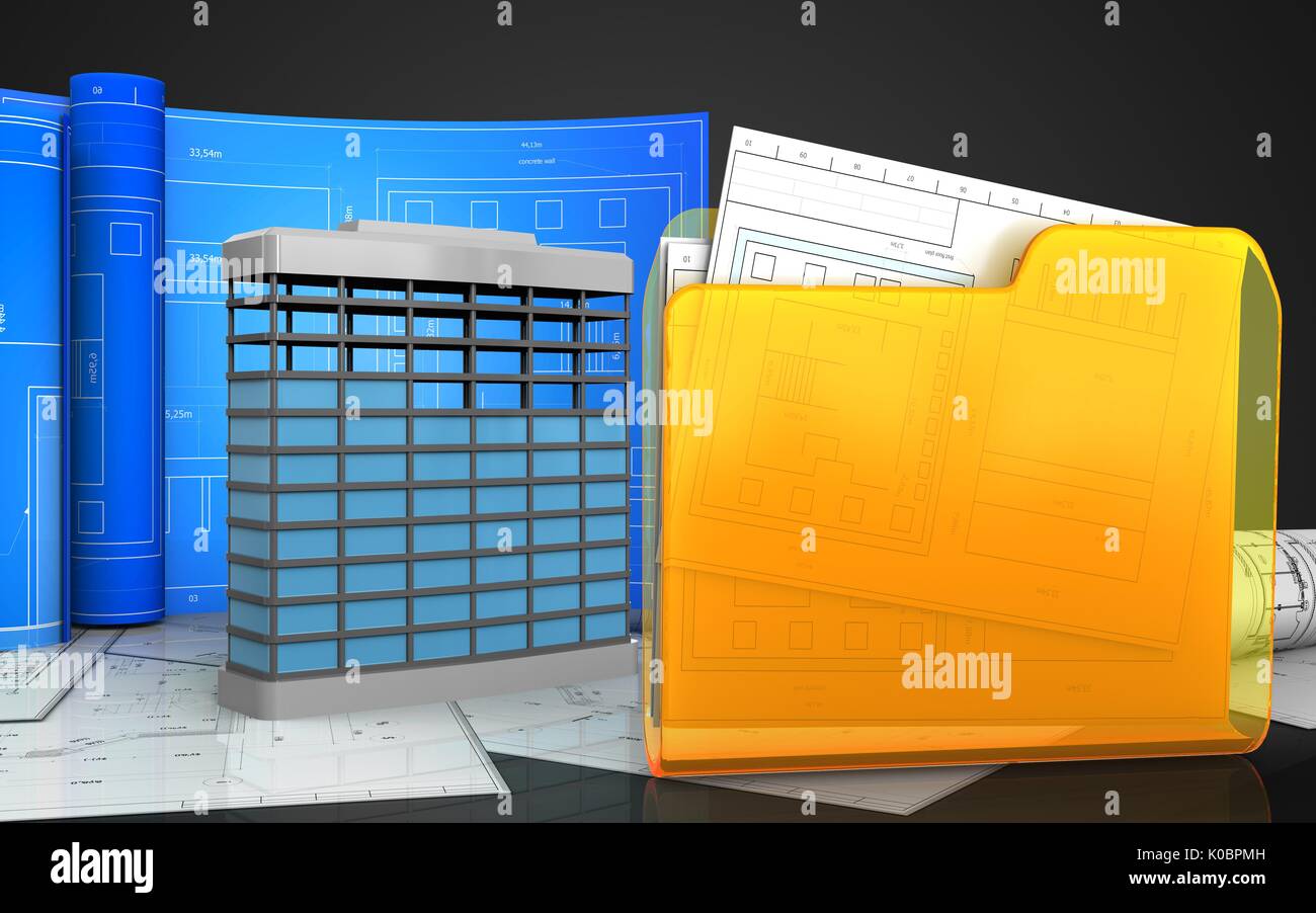 3d illustration of building construction with drawing roll over black ...