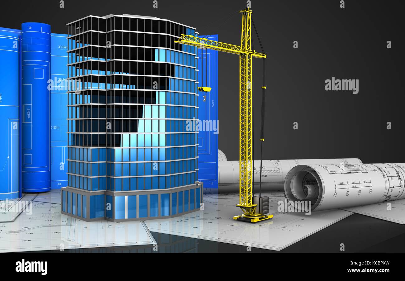 3d illustration of office building construction with drawing roll over ...