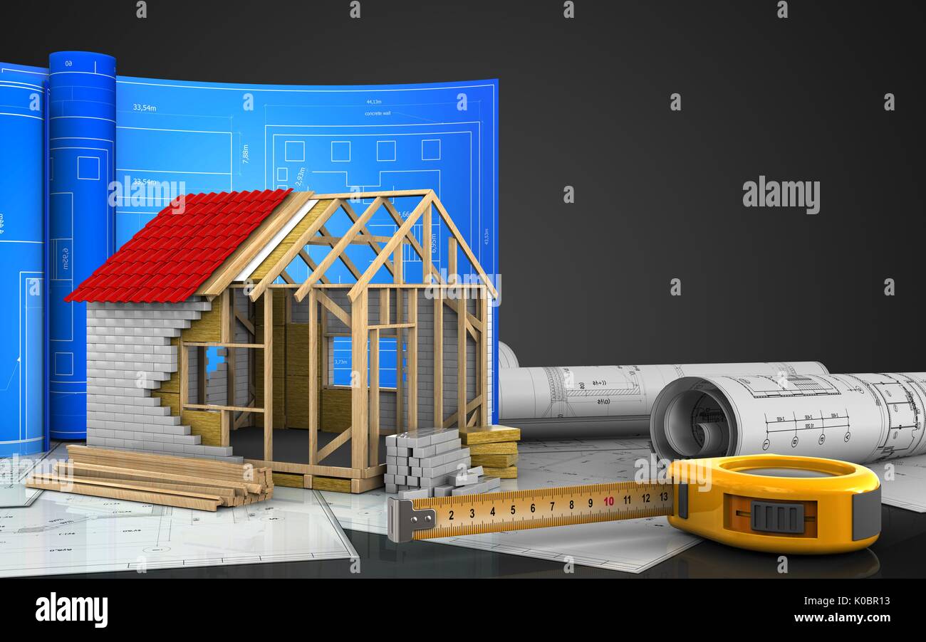 3d illustration of frame house with drawing roll over black background ...