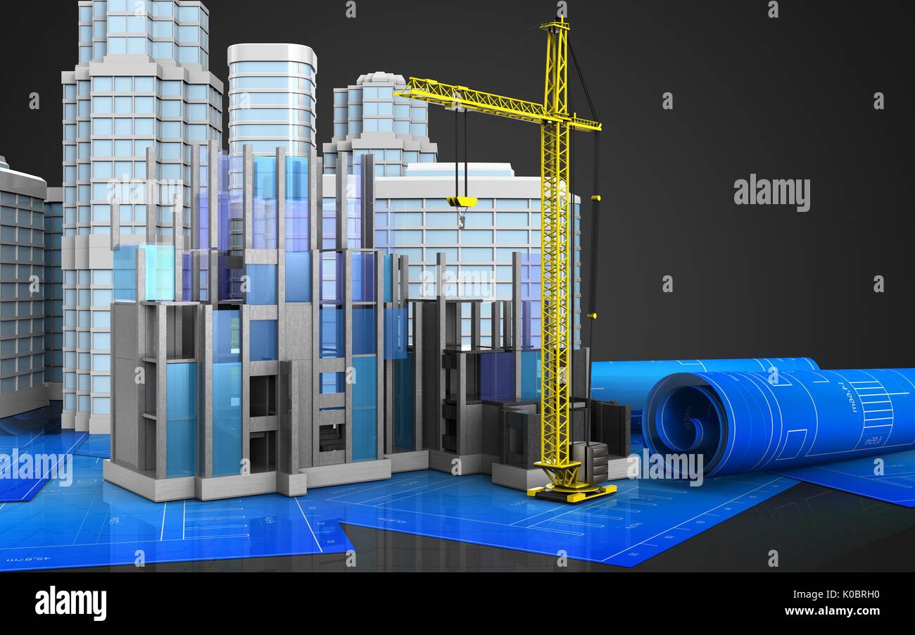 3d illustration of construction progress with urban scene over black ...